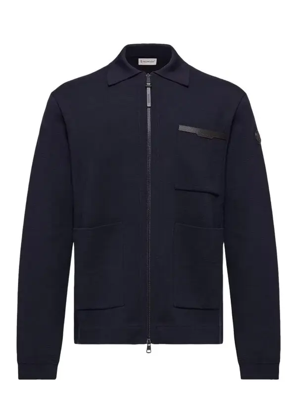 Moncler Leather Logo Wool Zip-up Cardigan - Midnight Blue
