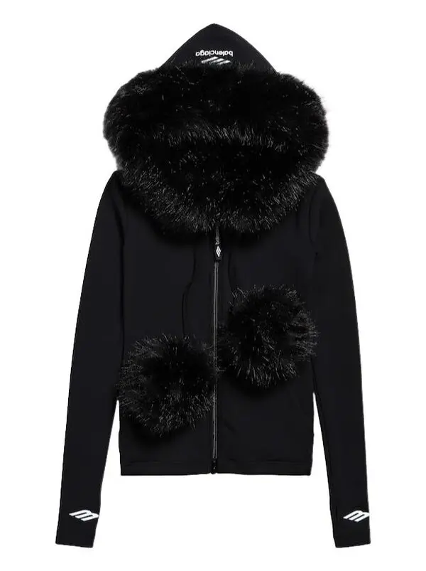 Balenciaga Fluffy Zip-up Hooded Jacket With Faux Fur Trim - Washed Black