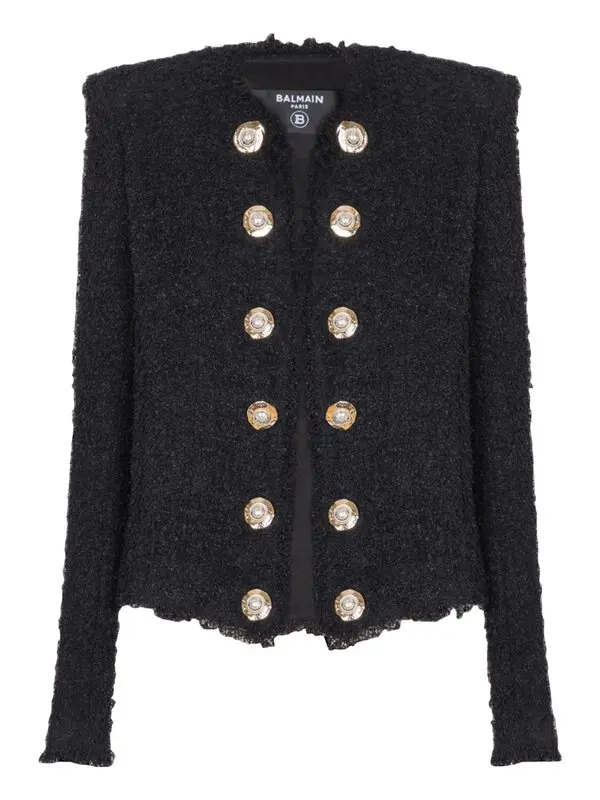 Balmain Textured Tweed Jacket With Decorative Buttons - Black