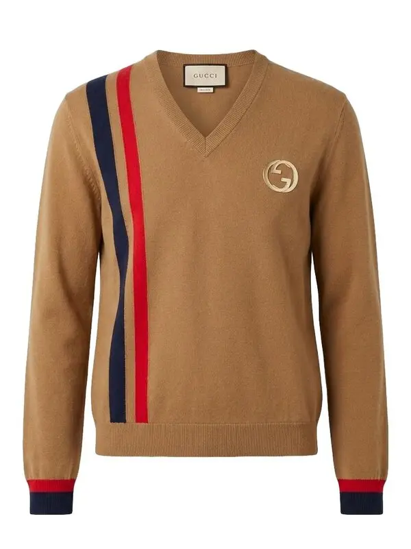 Gucci Interlocking G V-neck Jumper With Striped Detail - Brown