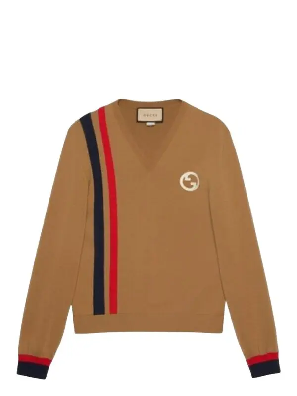 Gucci Interlocking G V-neck Jumper With Striped Detail - Brown