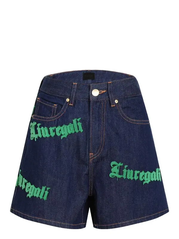 LIUREGALI High Waisted Denim Shorts With Logo Detail - Blue