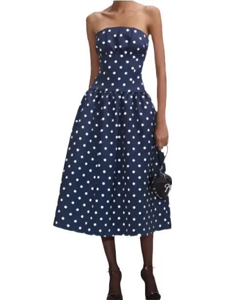 SELF-PORTRAIT Polka Dot Satin Midi Dress - Navy Blue