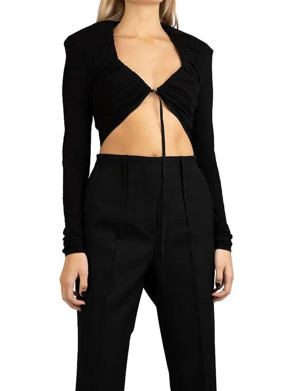 Jacquemus Gathered V-neck Cropped Blouse With Padded Shoulders - Black
