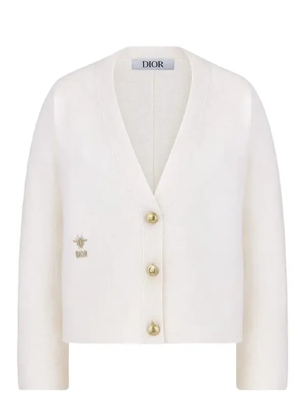 Dior Long-sleeved Knitted Cardigan With Gold Bee Embroidery - Ivory