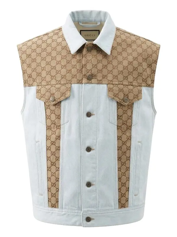 Gucci Washed Denim Vest With Gg Canvas - Light Blue