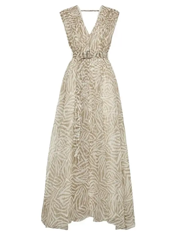 Brunello Cucinelli Sleeveless Printed Silk Maxi Dress - Khaki