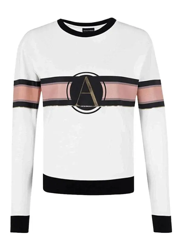 Emporio Armani Round Neck Long Sleeve Sweater With Logo Trim - Black