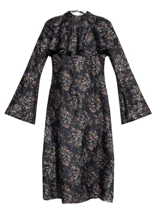 GANNI Floral Print Bell Sleeve Dress - Black