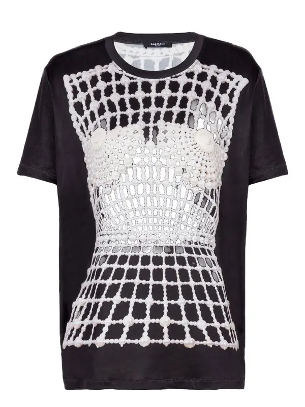 Balmain Faux Embroidery Print Loose T-shirt - Black