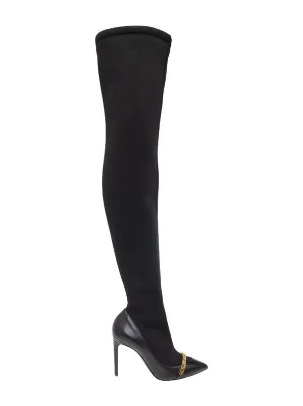 Moschino Leather Over The Knee Boots With Gold Logo Detail - Black