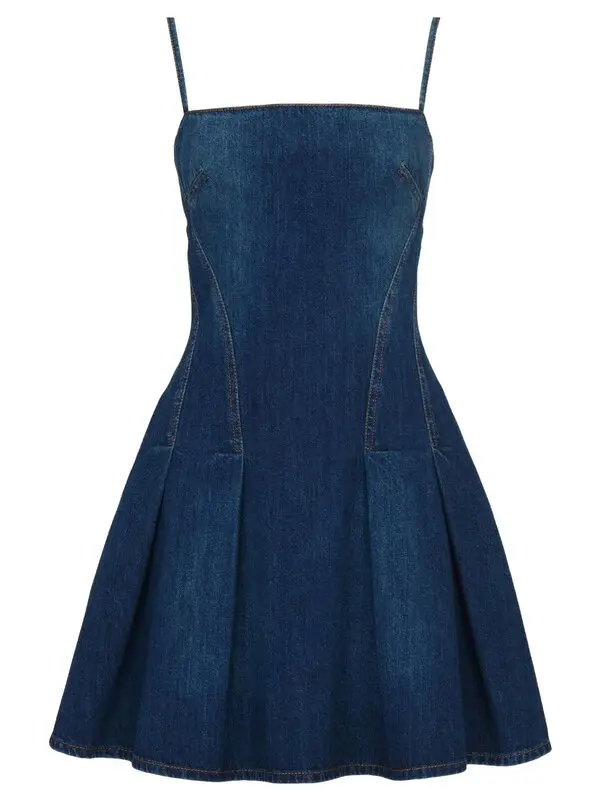 Alexander McQueen Flared Denim Dress With Pleated Skirt - Blue