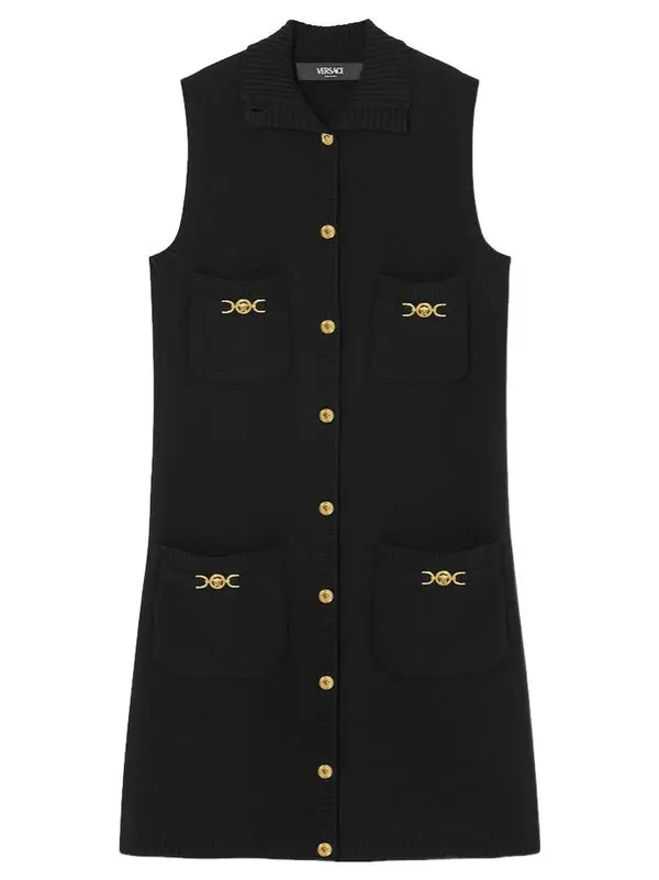 Versace Sleeveless Button-up Knitted Mini Dress With Medusa '95 Hardware - Black