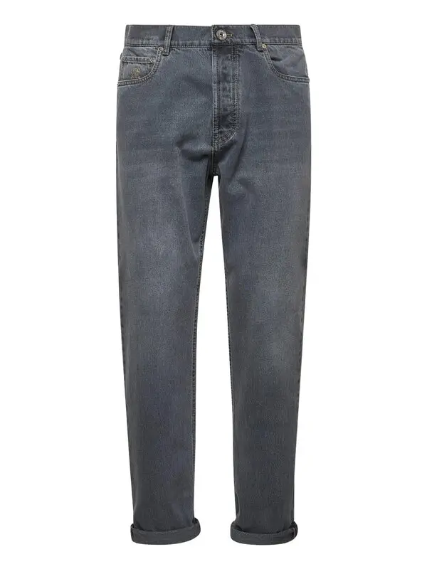 Brunello Cucinelli Garment-dyed Jeans With Logo Patch - Gray