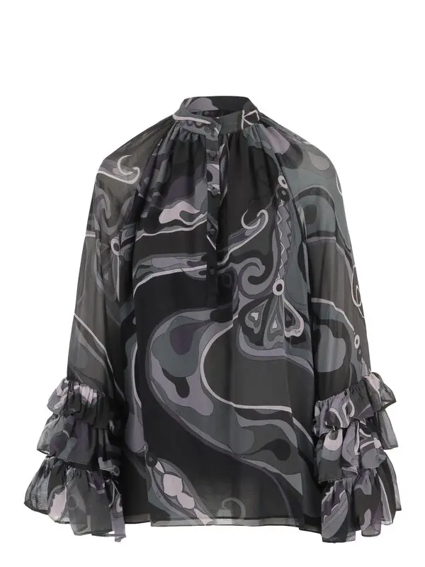 Emilio Pucci Orchidee Print Ruffled Blouse - Black
