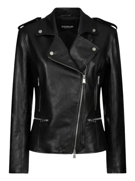 DONDUP Asymmetrical Zip Leather Biker Jacket - Black