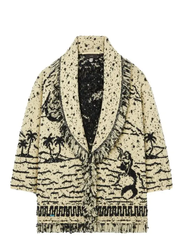 Alanui Ocean Whispers Cardigan With Geometric Motif And Fringed Edges - Sunlight-deep Blue