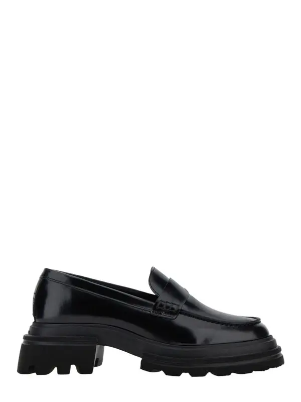 Hogan Polished Leather Loafers With Serrated Sole - Black