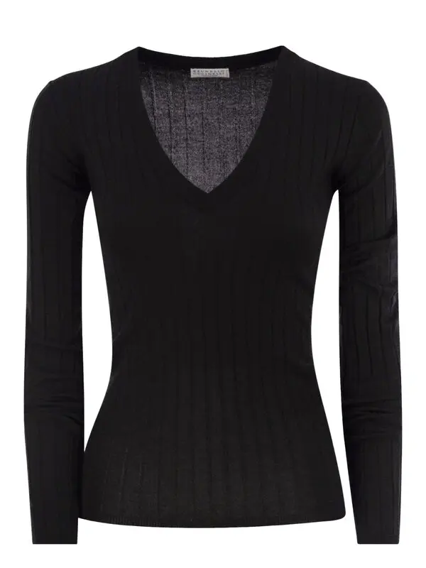 Brunello Cucinelli Long Sleeve V-neck Ribbed Jumper - Black