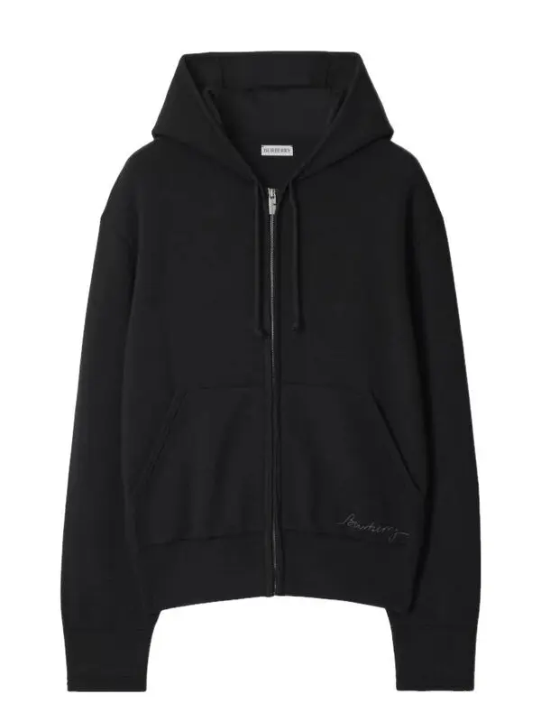 Burberry Zip-up Drawstring Hoodie With Embroidered Logo - Black