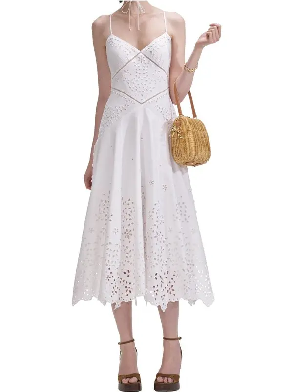 SELF-PORTRAIT Cotton Broderie Anglaise Midi Dress - White