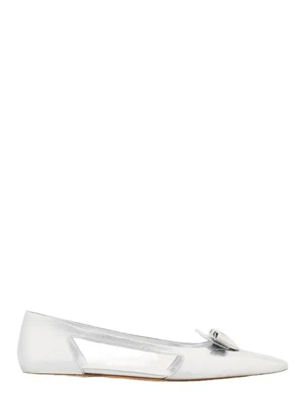 FERRAGAMO Silver Metallic Bow Ballet Flats - White