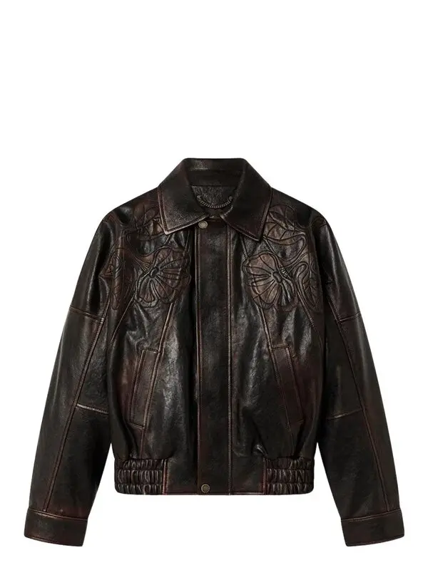 GOLDEN GOOSE Leather Bomber Jacket With Floral Embroidery - Dark Burgundy