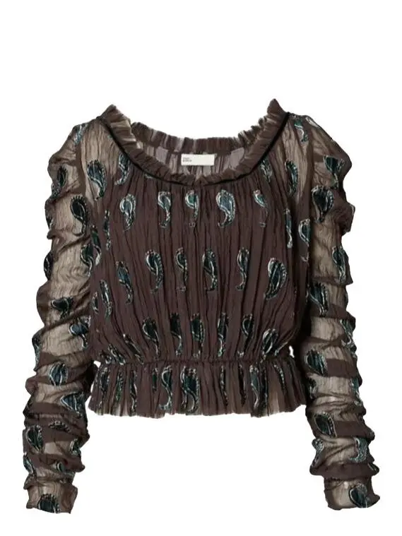 Tory Burch Ruched Velvet Top With Raw Edge Ruffles - Brown Paisley