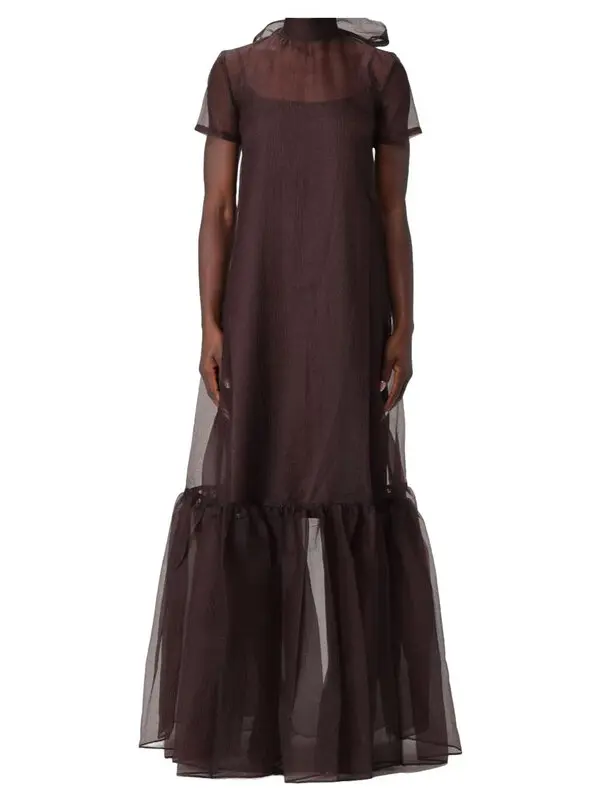 Staud Short Sleeve Sheer Maxi Dress With Ruffle Hem - Black
