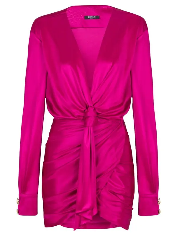 Balmain Draped Jersey Dress With Gold Coin Buttons - Pink