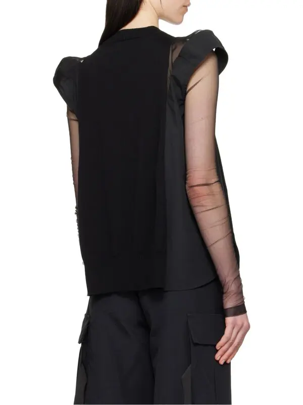Sacai Paneled Cotton Top With Tulle Sleeves - Black