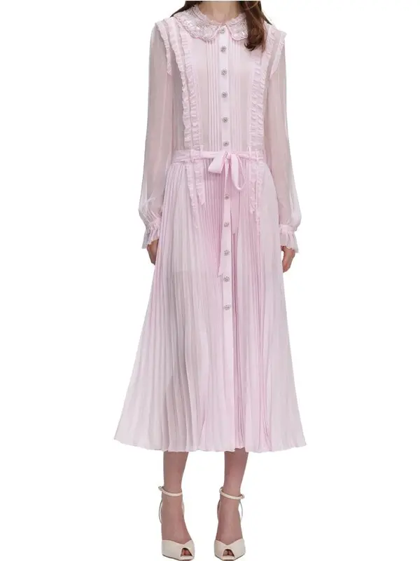 SELF-PORTRAIT Embellished Pleated Midi Dress - Pink