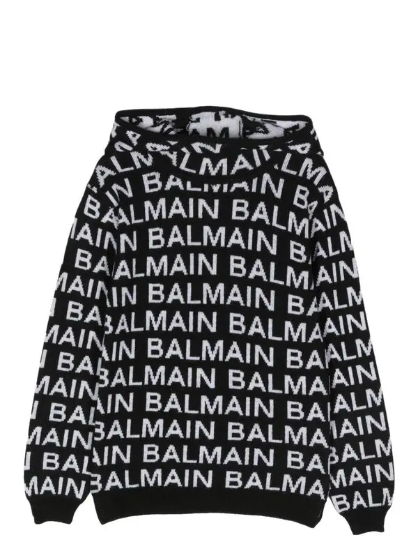 Balmain Logo Intarsia Hooded Jumper - Black