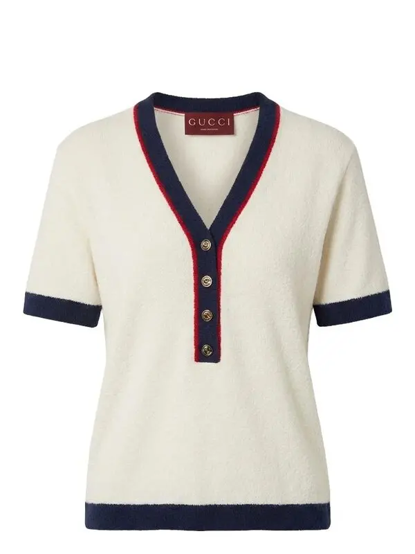 Gucci Ribbed V-neck T-shirt With Interlocking Double G Buttons - Ivory White