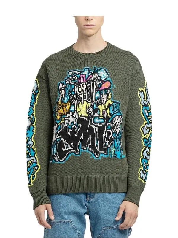 Off-White Crewneck Long-sleeved Jumper With Graffiti Pattern - Green
