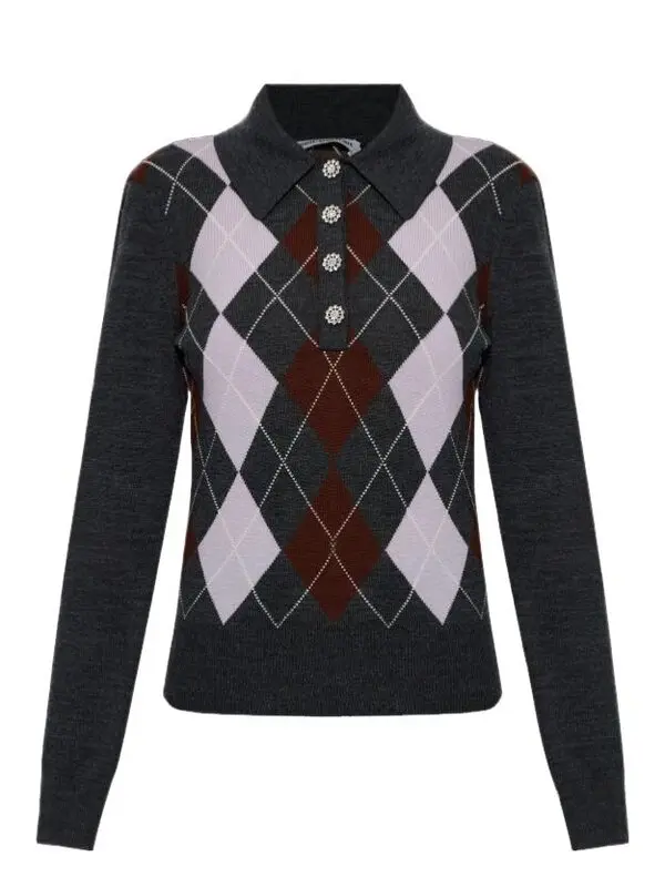 SELF-PORTRAIT Argyle Diamanté Polo Jumper - Grey