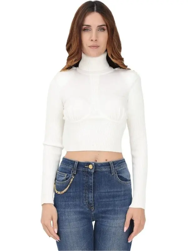 Elisabetta Franchi Roll Neck Cropped Jumper With Horsebit Detail - White