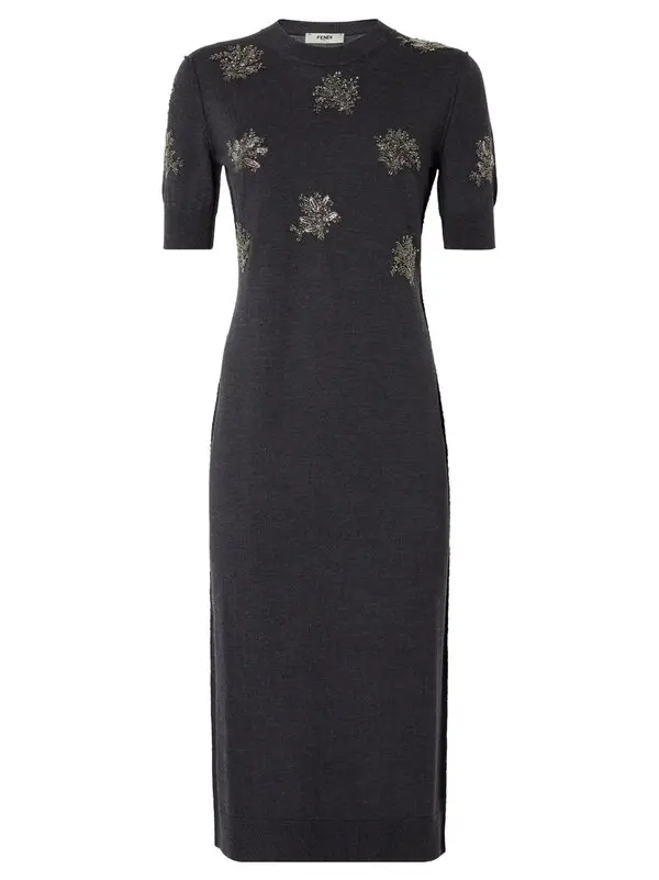 Fendi Knitted Sequined Flower Midi Dress - Black