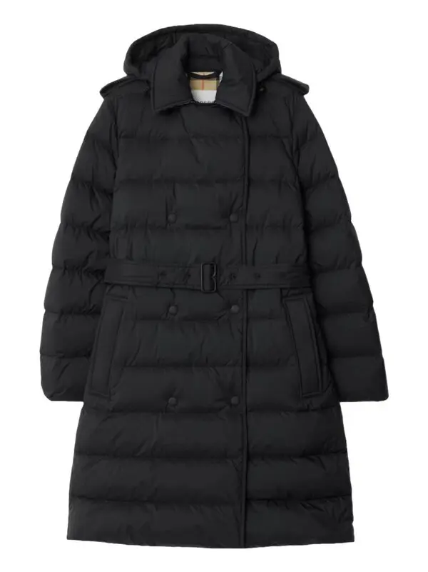 Burberry Double Breasted Belted Hooded Puffer Coat - Black