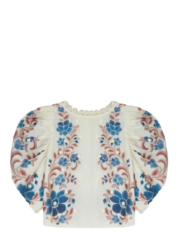 Farm Rio Renata Embroidered Puff-sleeve Top - White