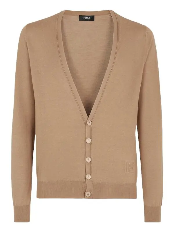 Fendi V-neck Buttoned Knitted Cardigan With Ff Hem Detail - Light Brown