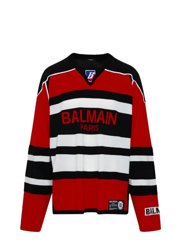 Balmain Striped V-neck Wool Sweater - Red