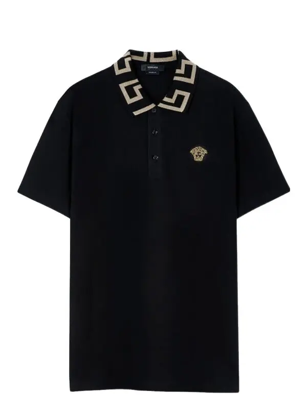 Versace Logo Patch Short-sleeved Polo Shirt - Black