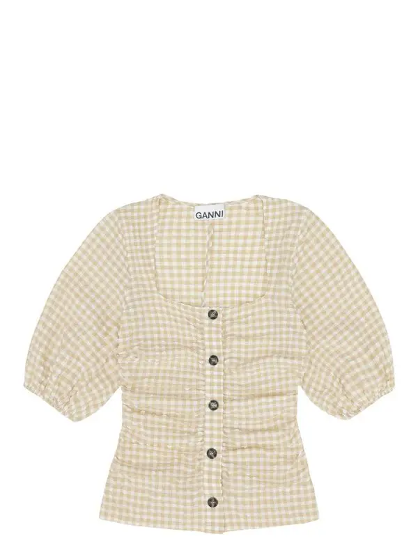 GANNI Gingham Check Gathered Blouse - Nude