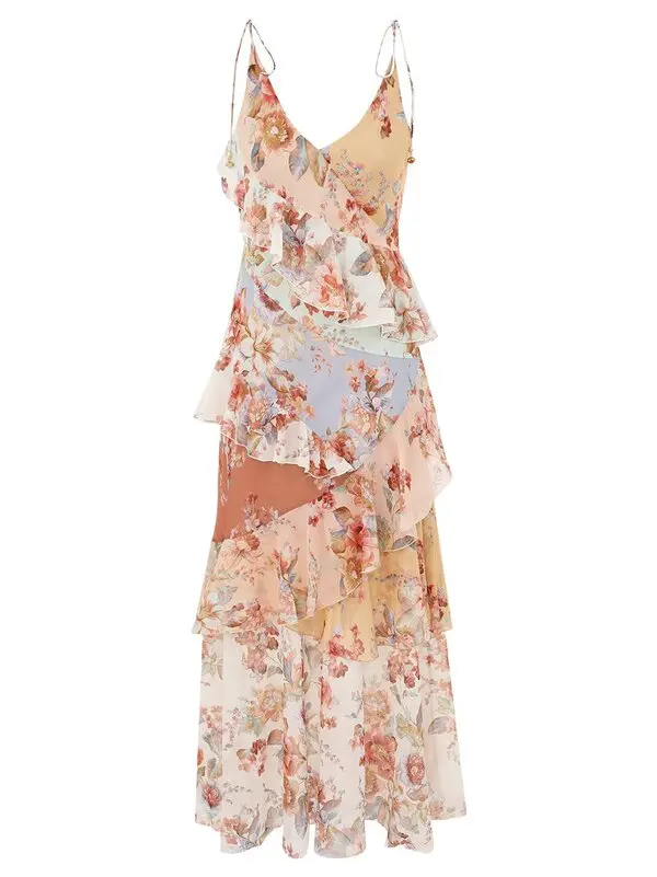 Zimmermann Awaken Frilled Slip Maxi Dress - Spliced Print