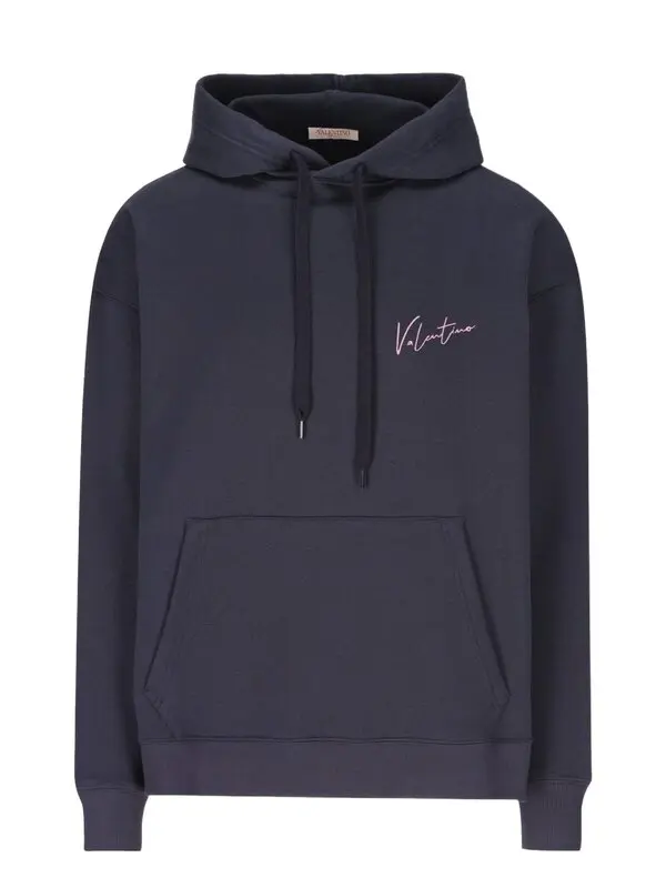 Valentino Garavani Logo Printed Drawstring Hoodie - Navy Blue