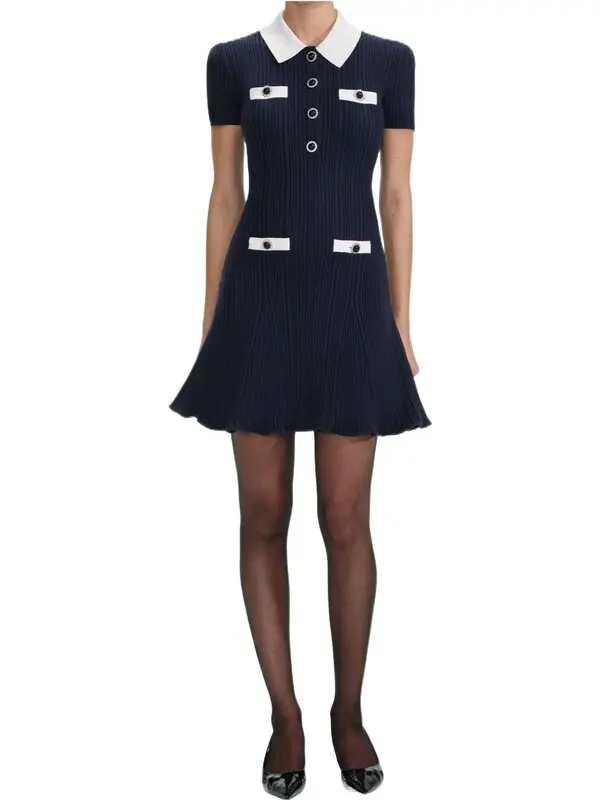 SELF-PORTRAIT Collared Button-detail Mini Dress - Navy Blue