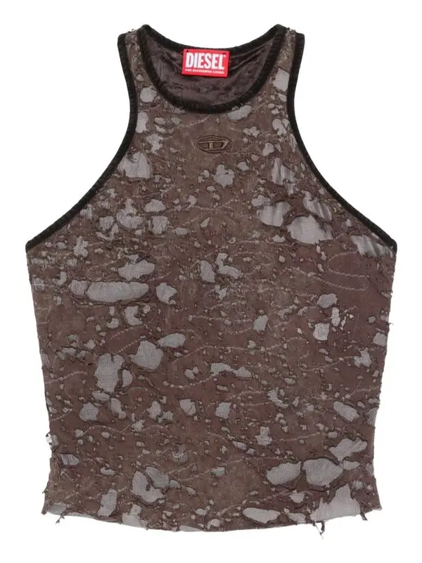 DIESEL® Logo Embroidered Distressed Sleeveless Top - Brown