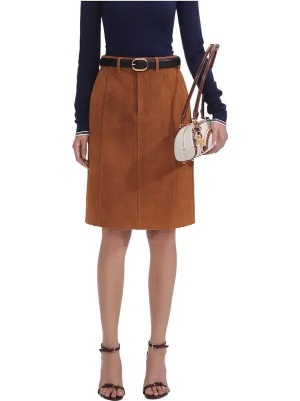 SELF-PORTRAIT Belted Suede Skirt - Brown