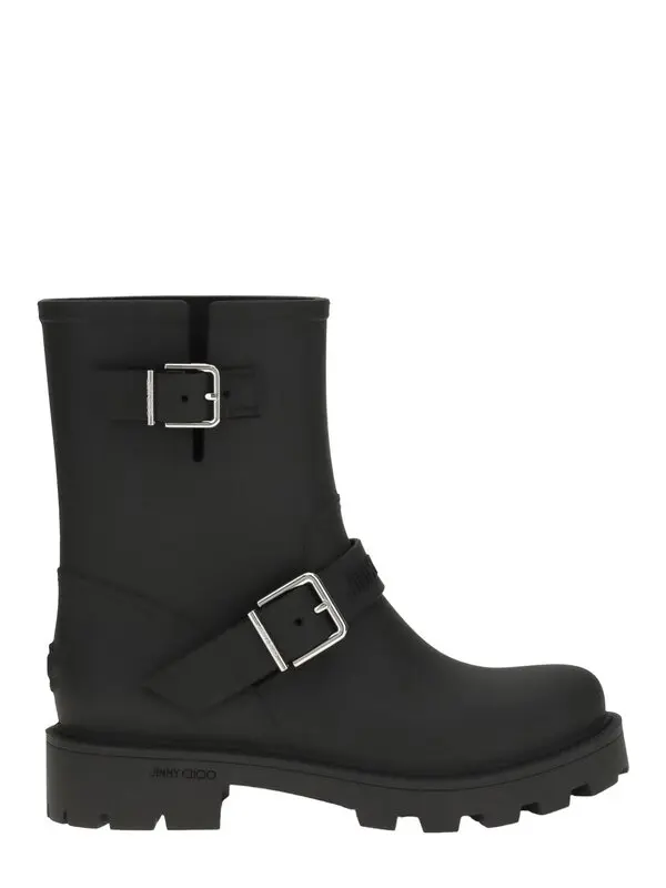 JIMMY CHOO Biker Rain Round Toe Buckled Boots - Black